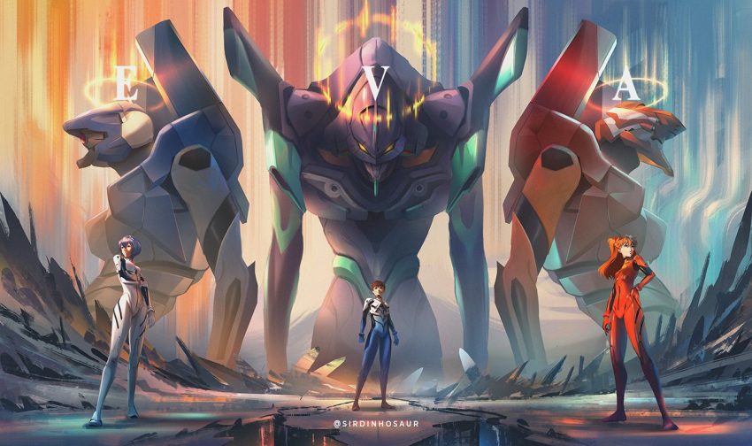 Safebooru - 1boy 2girls armor aurora ayanami rei blue armor blue hair ...