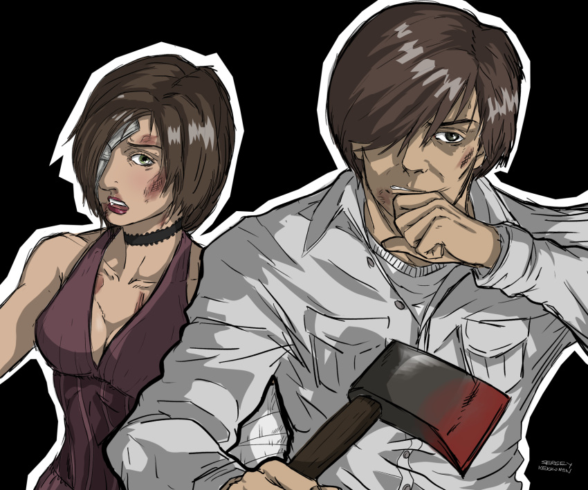 Safebooru - 1boy 1girl axe bandaged arm bandages black background brown hair bruise bruise on ...