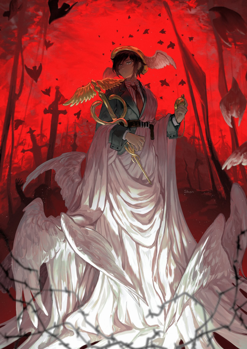 Safebooru - 1girl barbed wire bird brown eyes brown hair caduceus collared shirt combat medic e ...