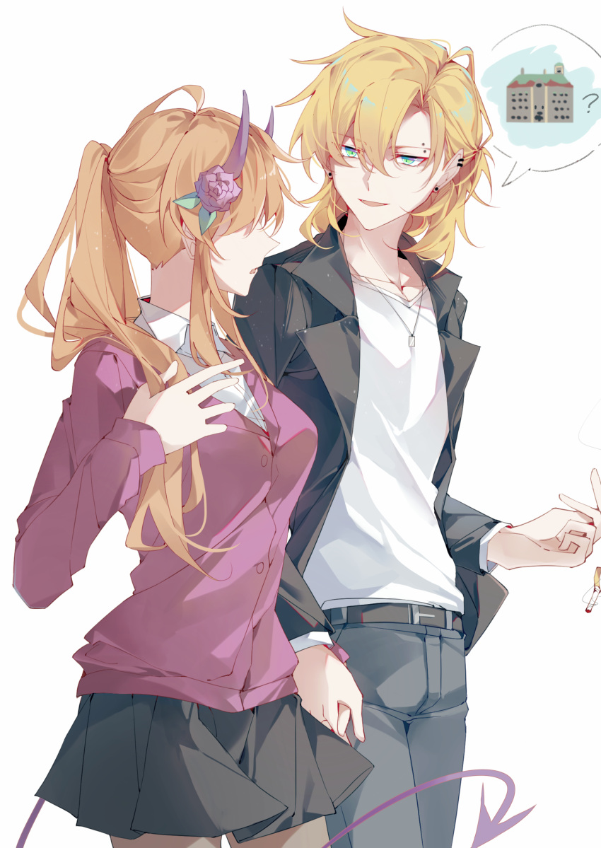 Safebooru - 1boy 1girl absurdres ahoge black jacket black skirt blonde hair brown hair degrees ...