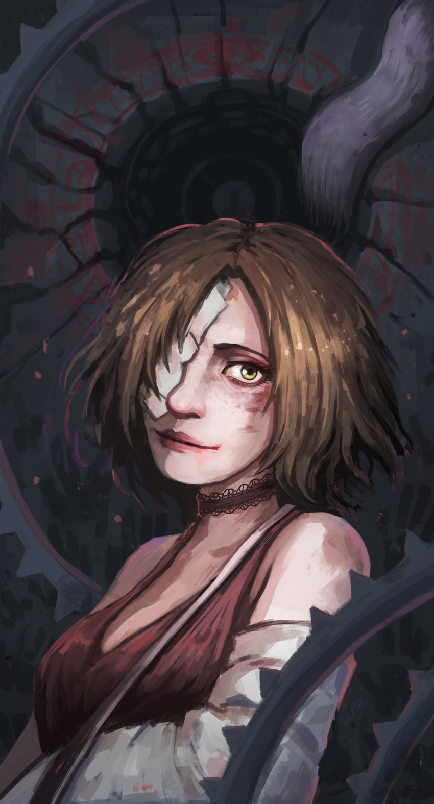 Safebooru - 1girl bandage over one eye bandaged arm bandages brown hair cast eileen galvin ...