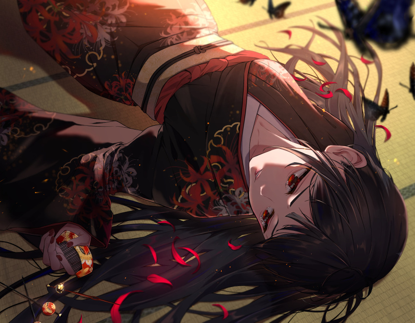Safebooru - 1girl black hair black kimono blurry blurry foreground bug ...