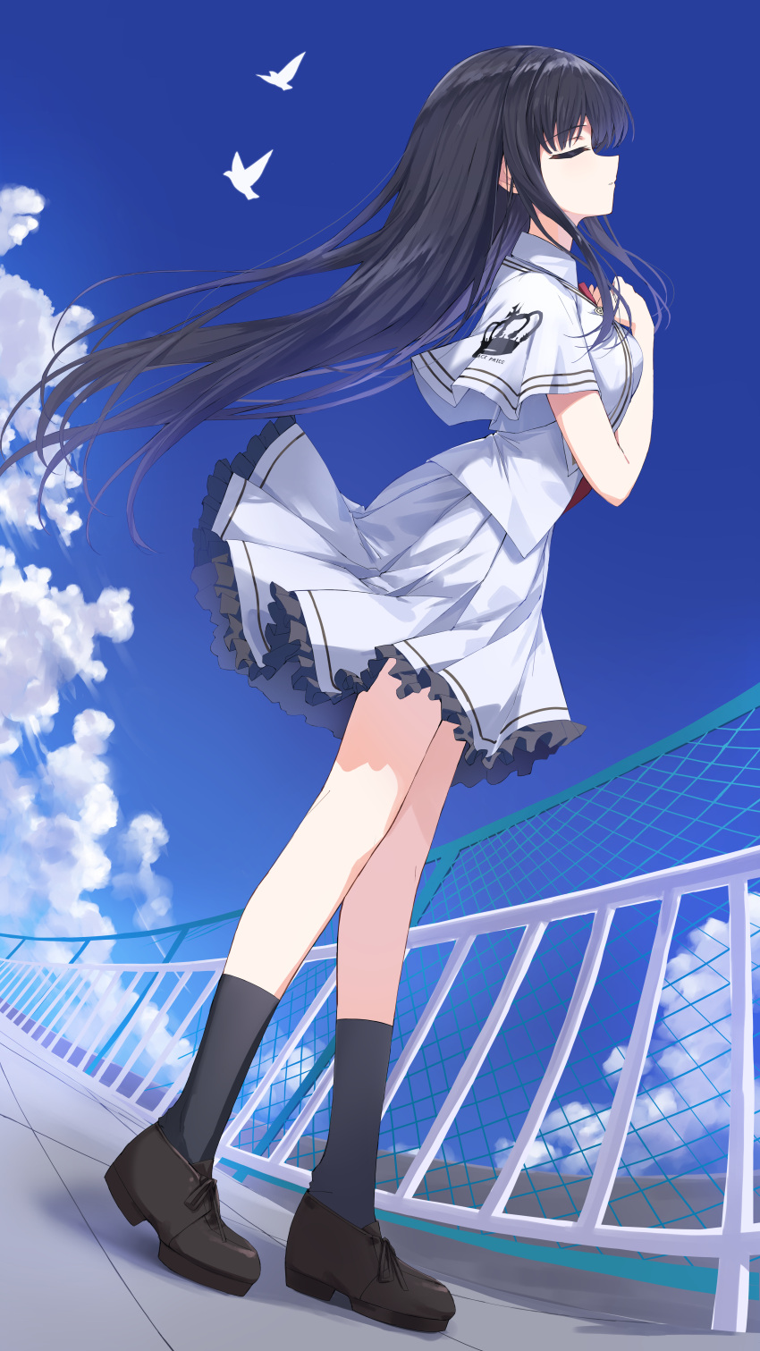 Safebooru 1girl Absurdres Bird Black Hair Blue Sky Capelet Chain Link 6192