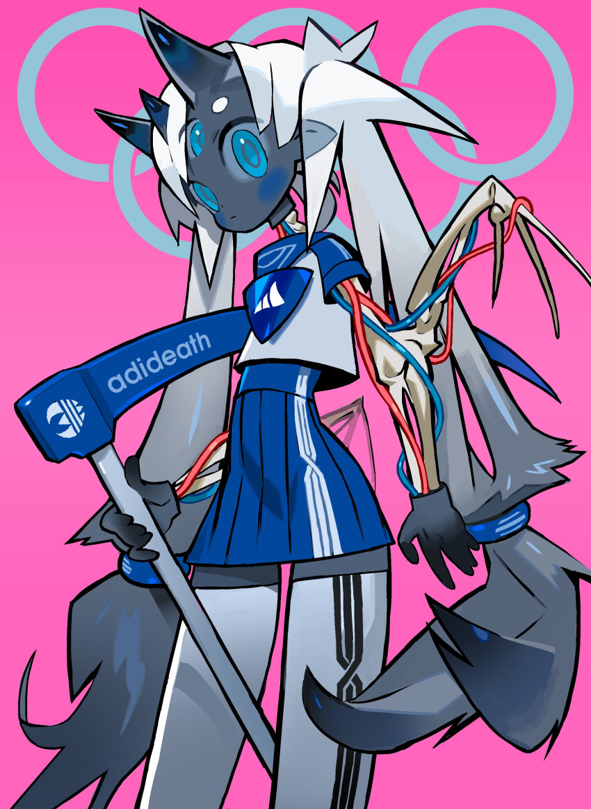 Safebooru - 1girl absurdres adidas black horns black skin blue eyes blue skirt bone brand name ...