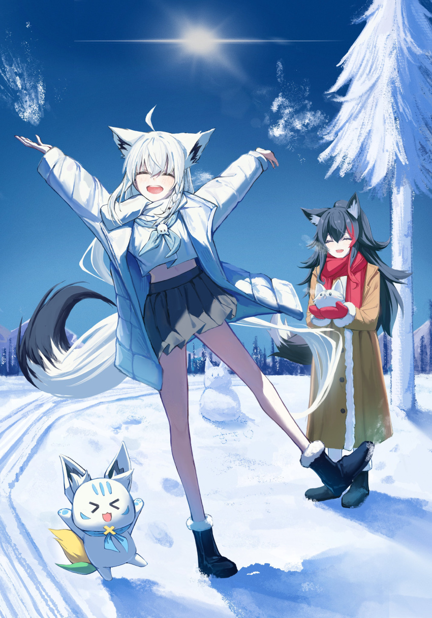 Safebooru - 2girls absurdres ahoge animal ear fluff animal ears aqua neckerchief arms up black ...