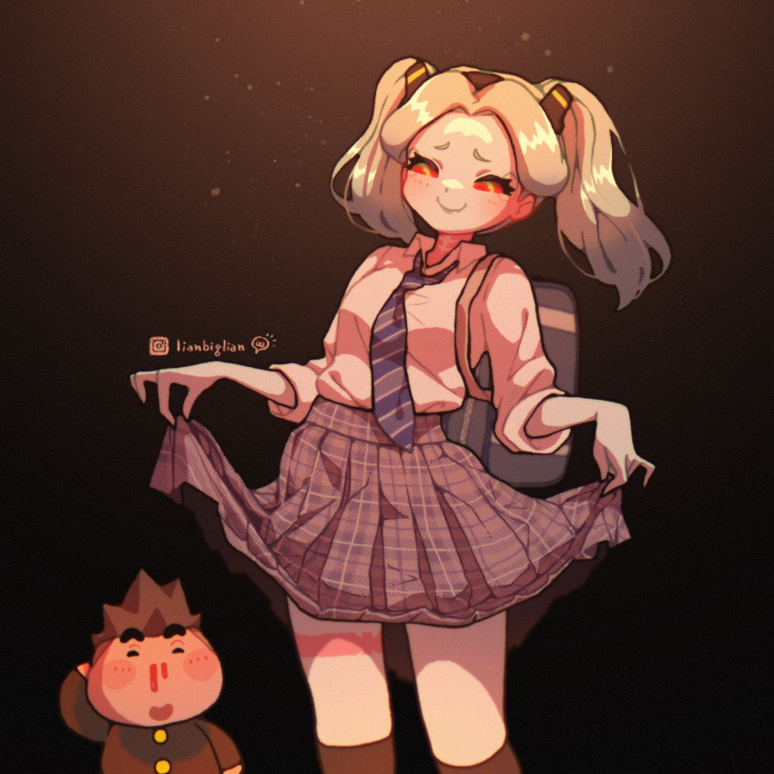 Safebooru - 1boy 1girl artificial eye artist name backpack bag chibi colored sclera colored skin ...