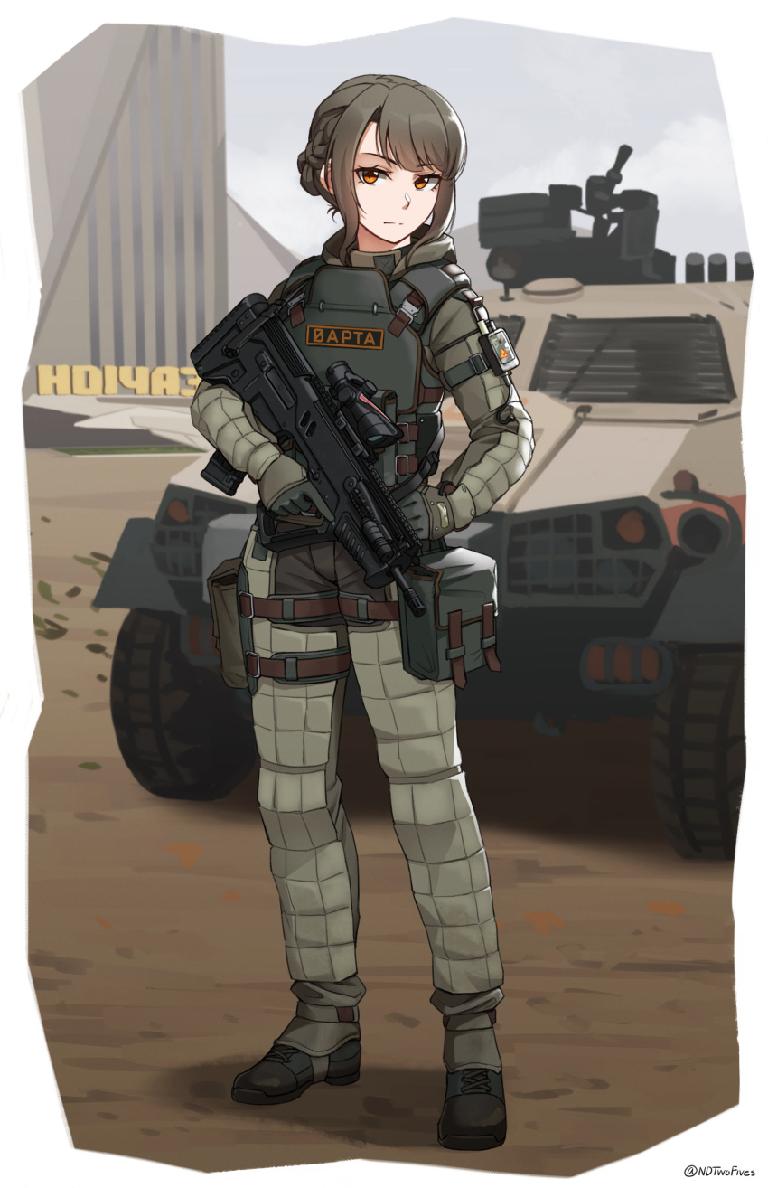 Safebooru - 1girl absurdres assault rifle brown eyes brown hair bulletproof vest bullpup gloves ...