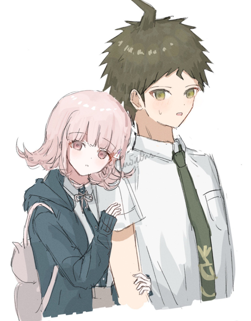 Safebooru - 1boy 1girl :o ahoge arm hug brown hair collared shirt ...