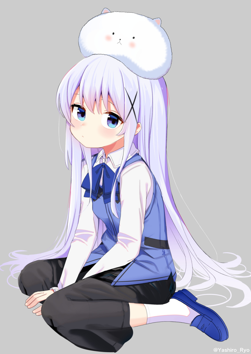 Safebooru - 1girl animal on head between legs black skirt blue bow blue bowtie blue eyes blue ...