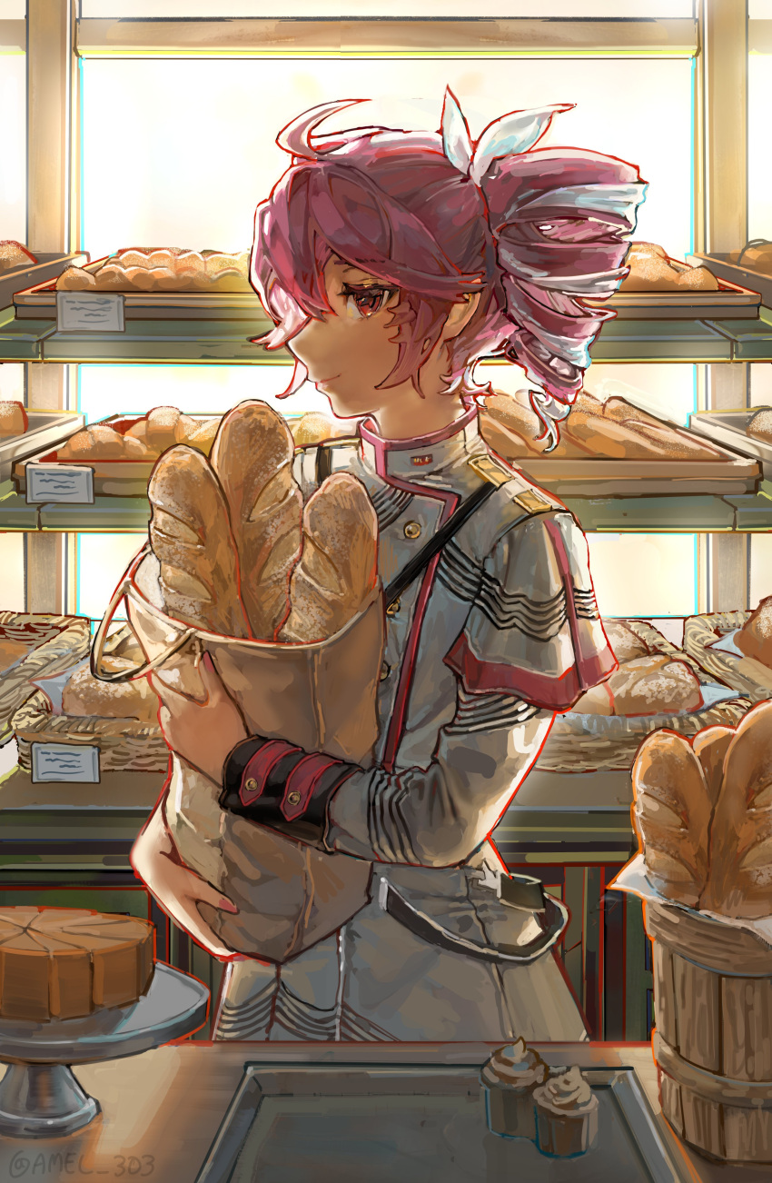 Safebooru - 1girl absurdres ahoge amel 303 bag baguette bakery black sleeve cuffs bread buttons ...