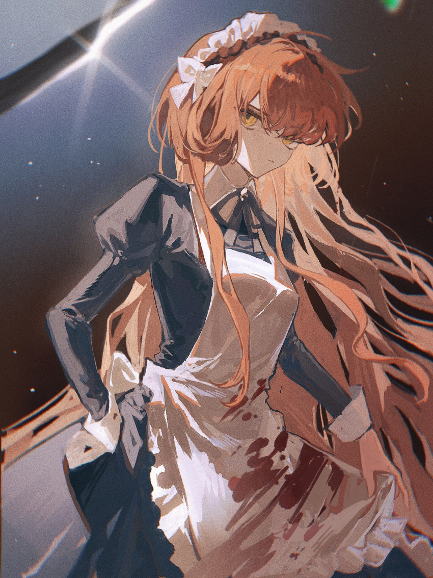 Safebooru - 1girl apron apron hold black dress blood blood on clothes closed mouth collared ...