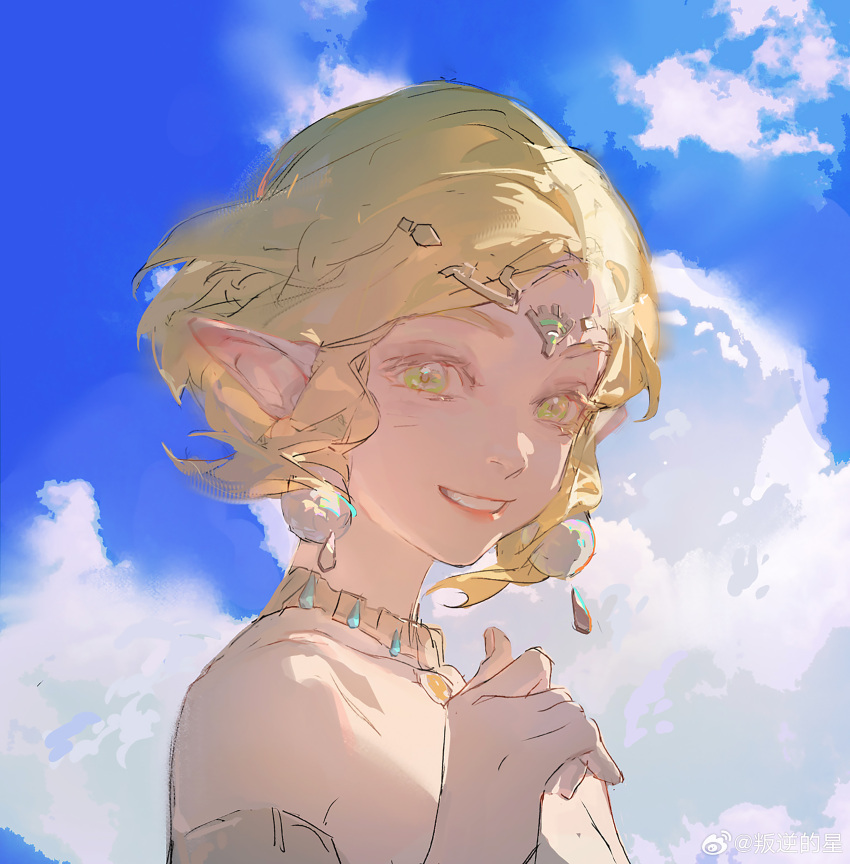 Safebooru - 1girl absurdres bare shoulders blonde hair blue sky circlet clouds cloudy sky day ...