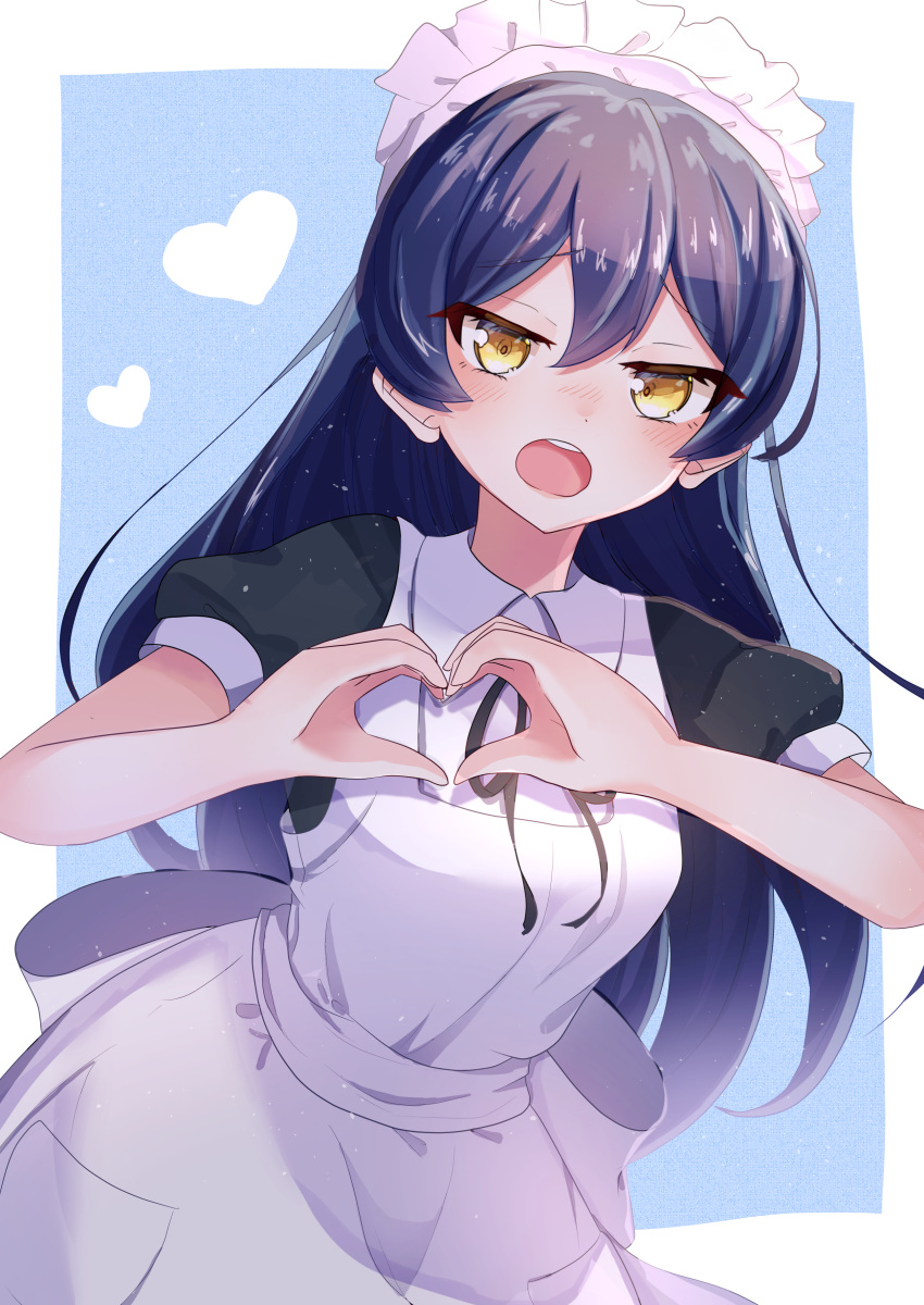 Safebooru - 1girl absurdres alternate costume apron black dress blue background blue hair blush ...