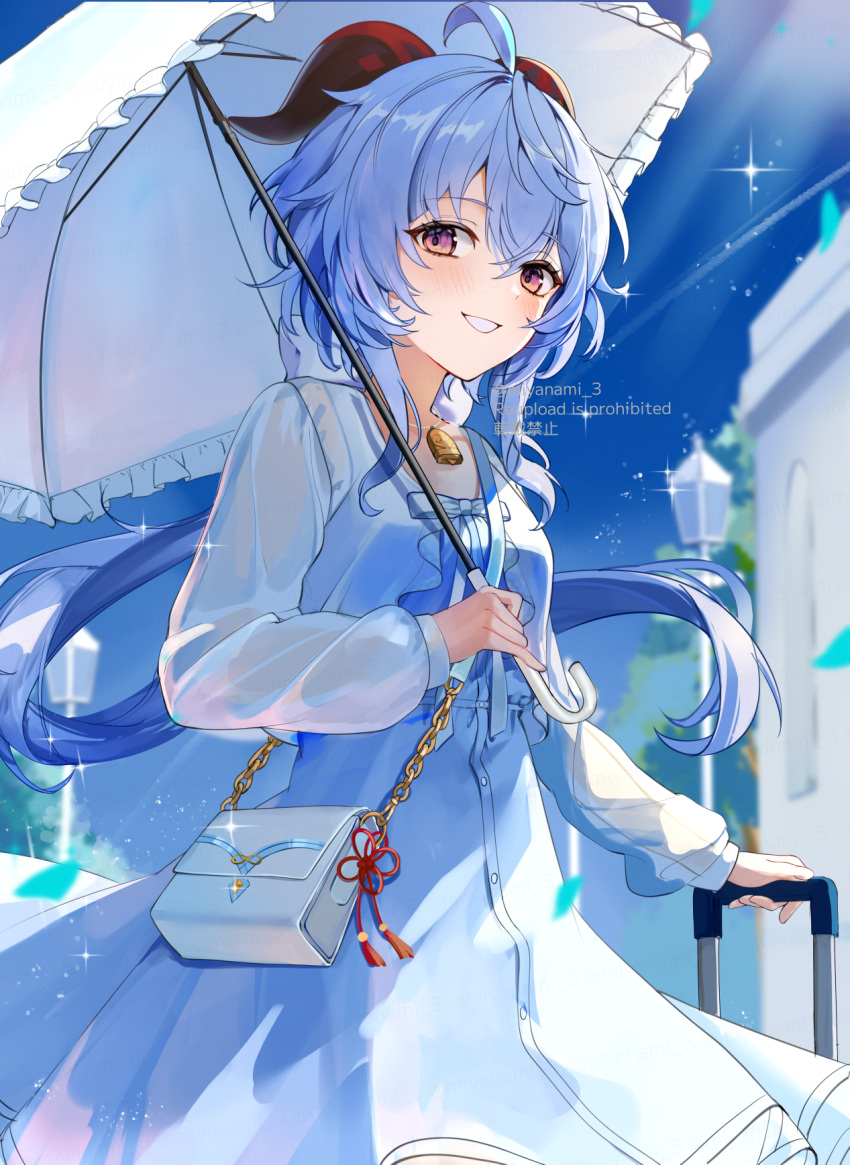 Safebooru - 1girl ahoge bag bell blue hair commentary request dress ...