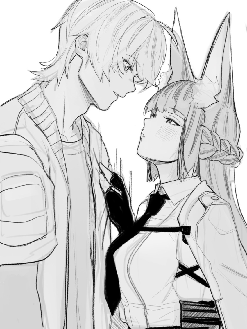 Safebooru - 1boy 1girl animal ear fluff animal ears blunt bangs braid collared shirt fox ears ...