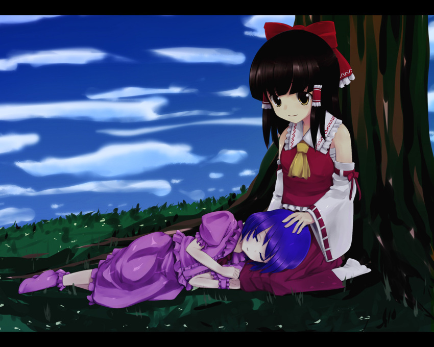 Safebooru - blue hair brown hair detached sleeves hakurei reimu lap ...