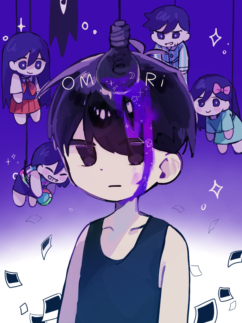 Safebooru - 2girls 3boys antenna hair arms at sides aubrey (headspace ...