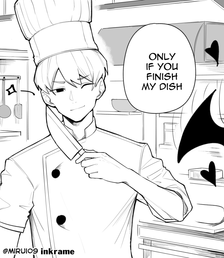 Safebooru - 1boy 1girl absurdres cook demon girl demon wings greyscale ...