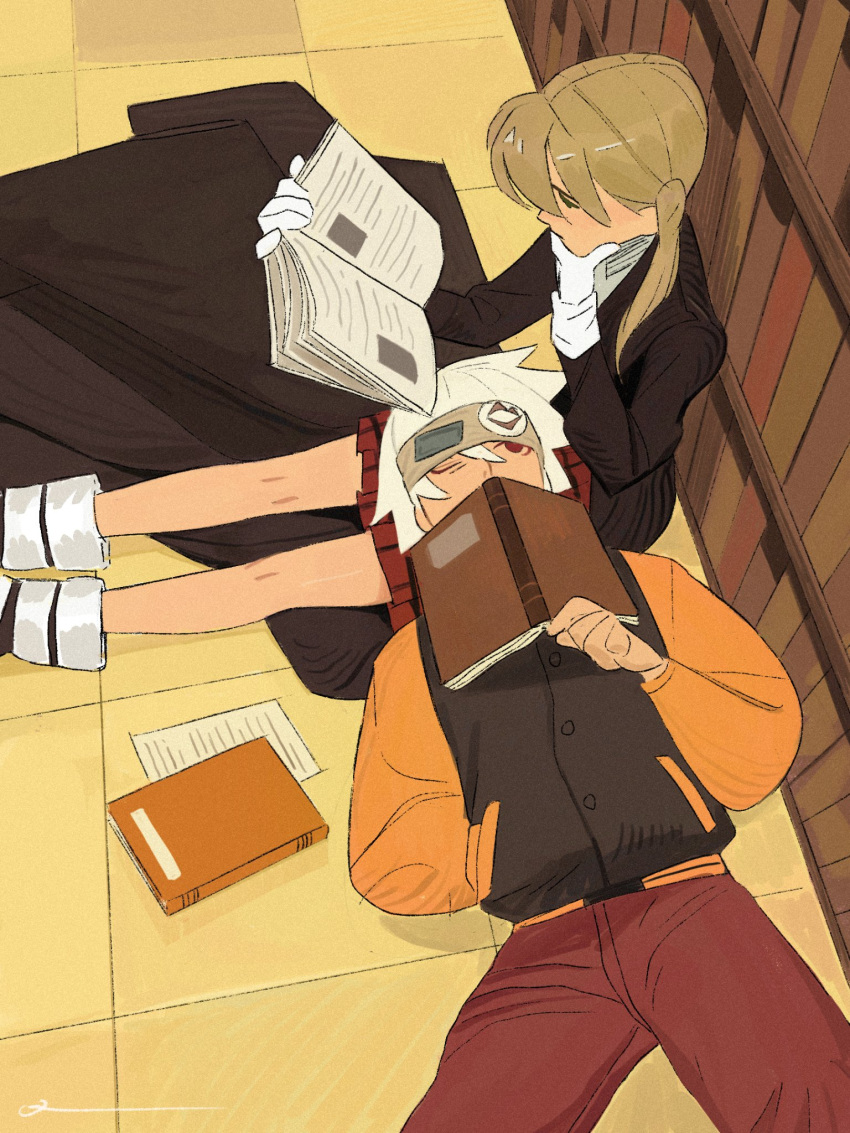 Safebooru 1boy 1girl Black Coat Blonde Hair Blunt Bangs Book Boots 6240