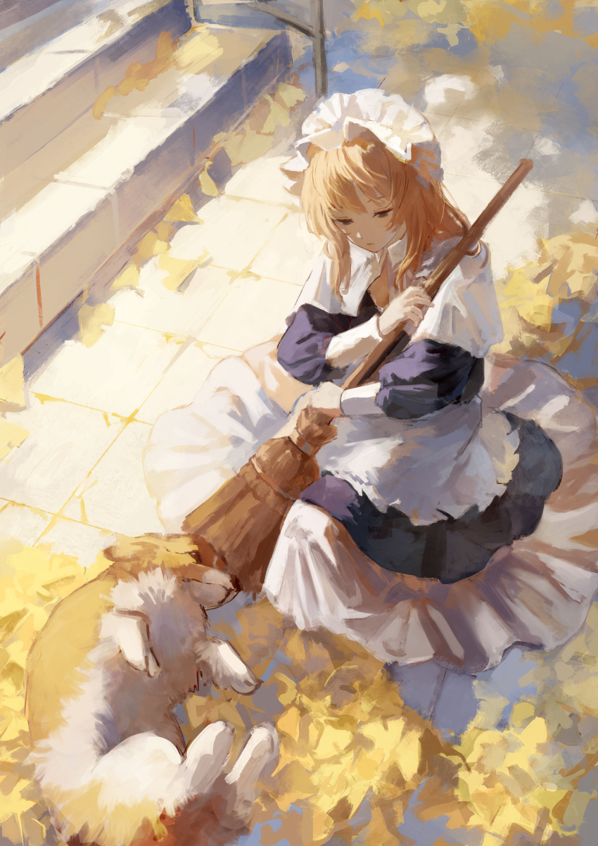 Safebooru - 1girl absurdres apron autumn leaves black dress blonde hair bonnet broom capelet ...