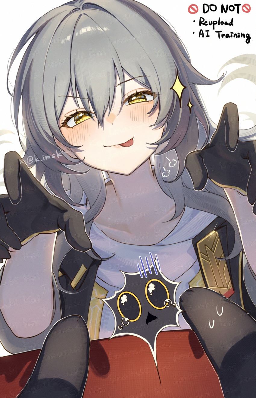 Safebooru - 1girl 1other :p absurdres black gloves black jacket blush closed mouth critter pick ...