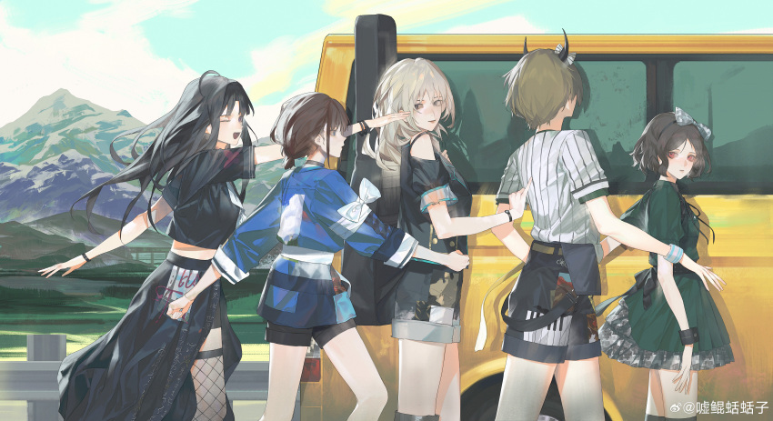 Safebooru - 5girls absurdres ahoge awa subaru black hair black shirt black shorts black skirt ...