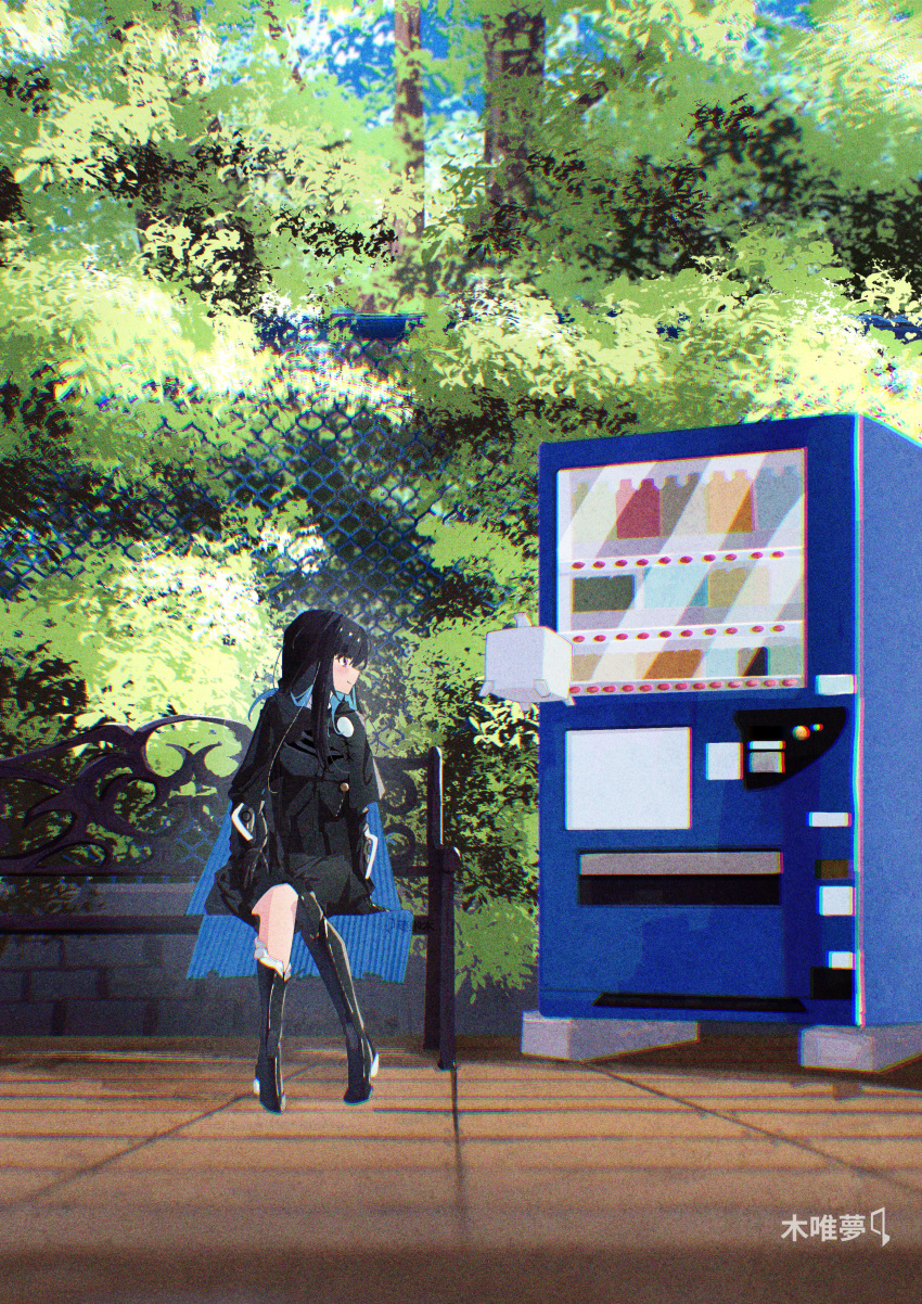 Safebooru - 1girl 1other absurdres bench black dress black footwear black hair blue hair boots ...