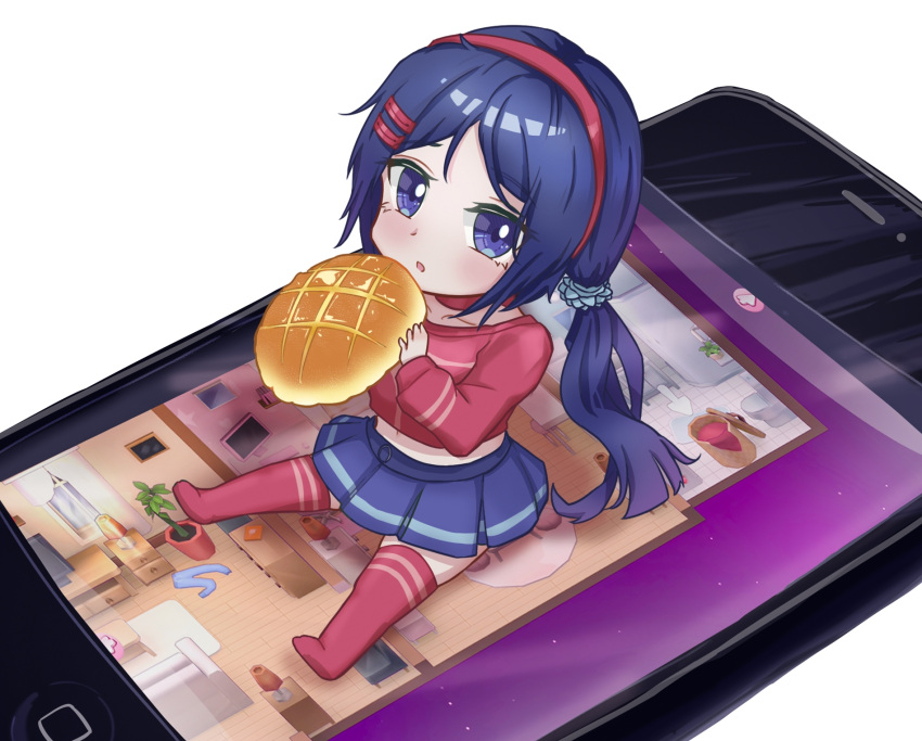 Safebooru - 1girl bathroom blue eyes blue hair blue skirt blush bread carpet cellphone chair ...