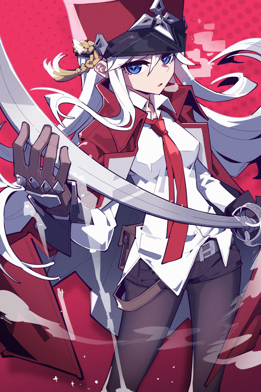 Safebooru - 1girl absurdres belt black pantyhose blue eyes breasts gloves grey hair hat highres ...