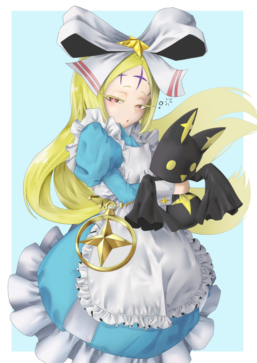 Safebooru - 1girl 1other apron blonde hair blue background blue dress ...