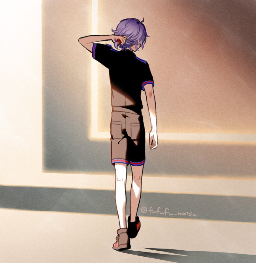 Safebooru - 1boy black shirt black shorts commentary request epel felmier from behind full body ...