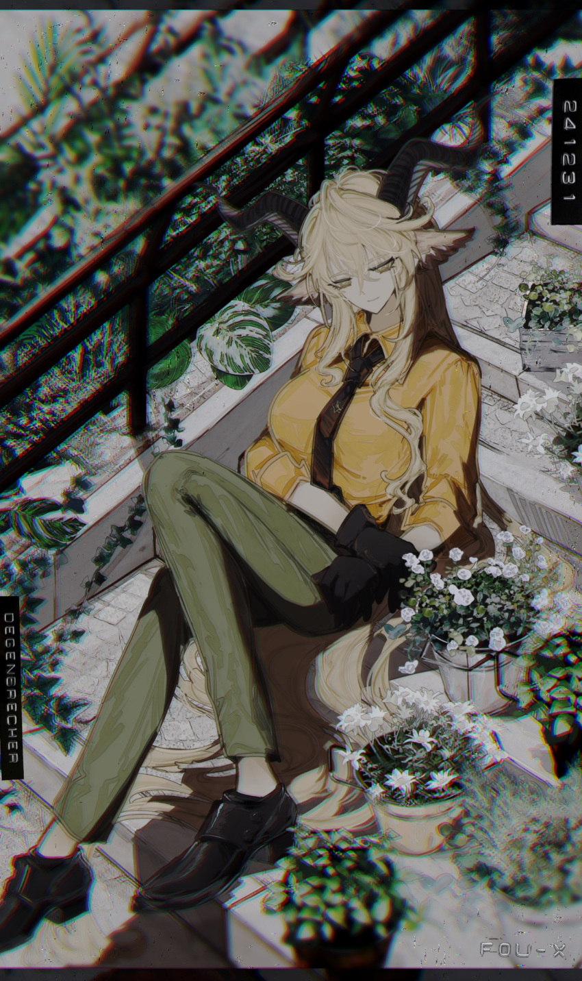 Safebooru - animal ears blonde hair brown horns chromatic aberration collared shirt degenbrecher ...