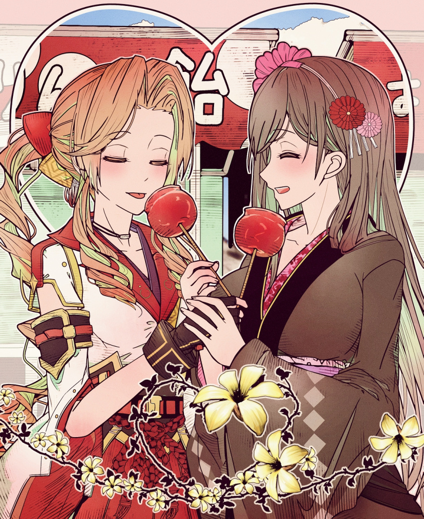 Safebooru - 2girls aerith gainsborough black hair black kimono blush braid braided ponytail ...