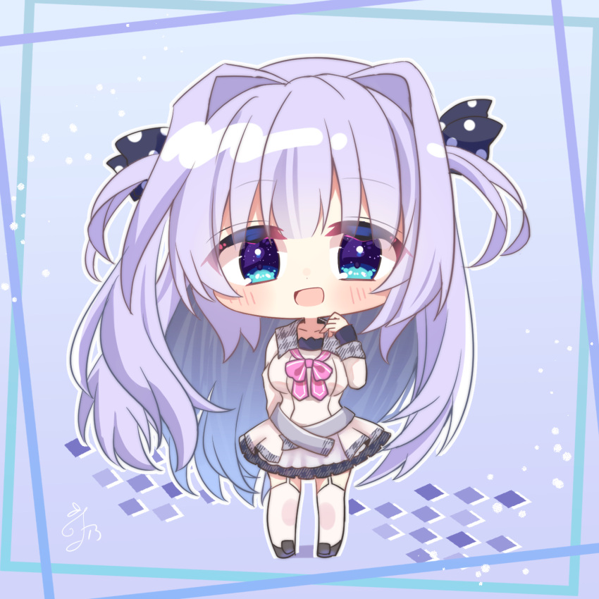 Safebooru - 1girl 9-nine- :d black bow blue background blue eyes blunt bangs blush bow chibi ...