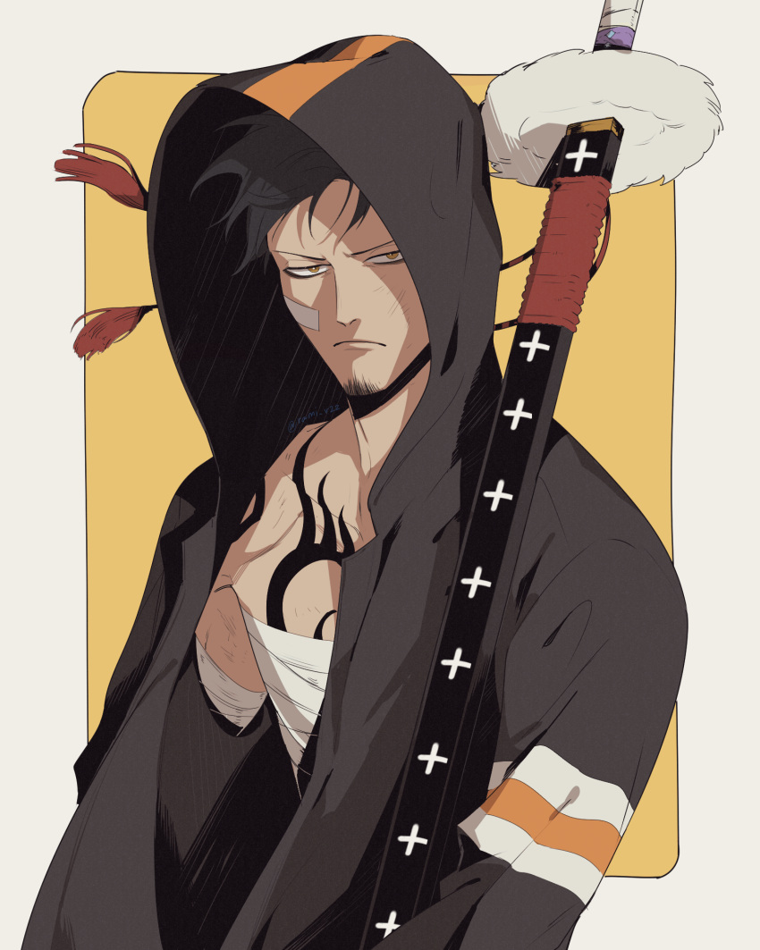 Safebooru - 1boy bandage on face bandages bandaid bandaid on face black hair border chest tattoo ...