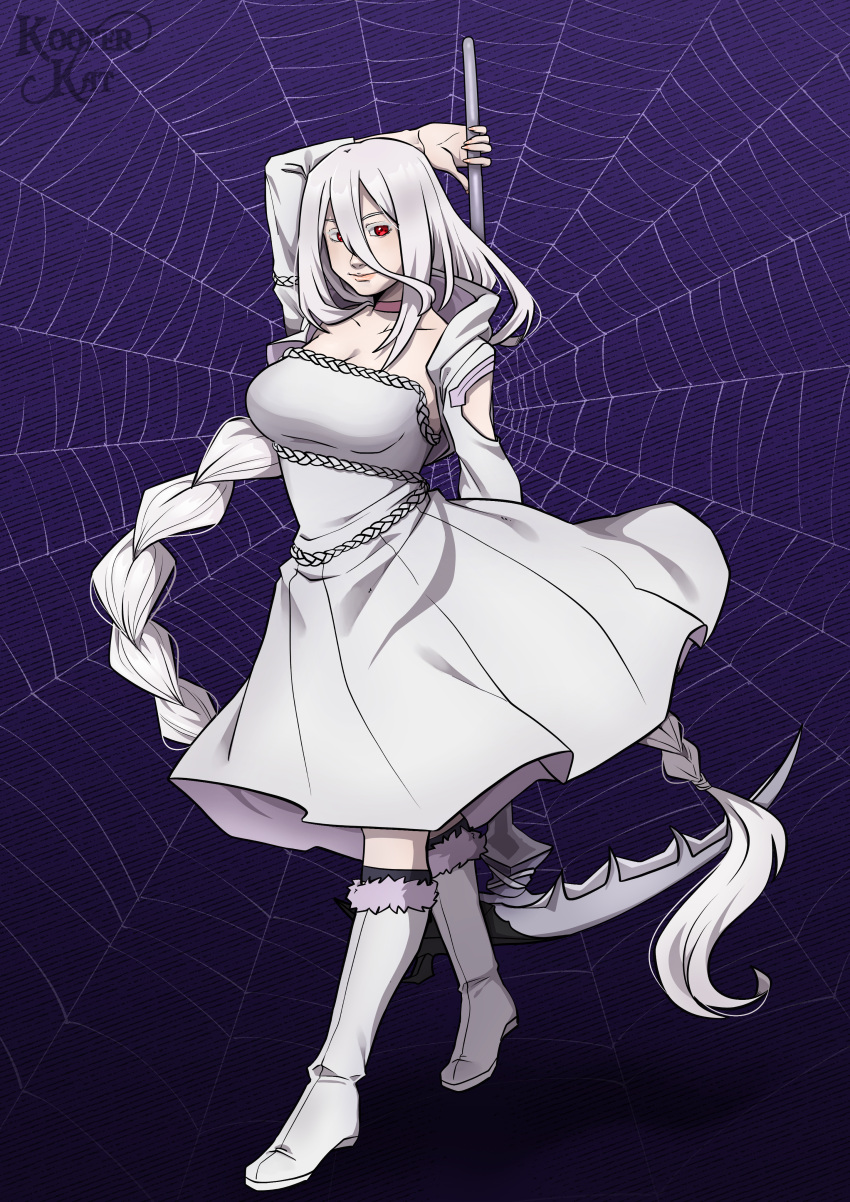 Safebooru - absurdres breasts dress extra pupils highres holding holding scythe kumo desu ga ...