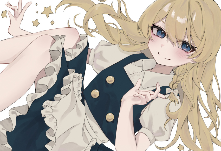 Safebooru - 0krmi 1girl apron black skirt black vest blonde hair blue eyes blush bow braid ...