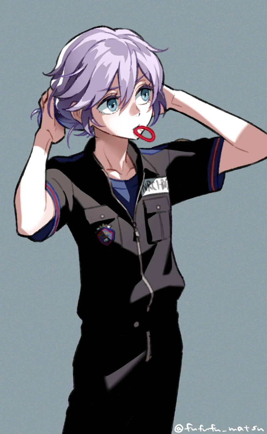 Safebooru - 1boy black shirt blue eyes commentary request cowboy shot epel felmier funuyu grey ...