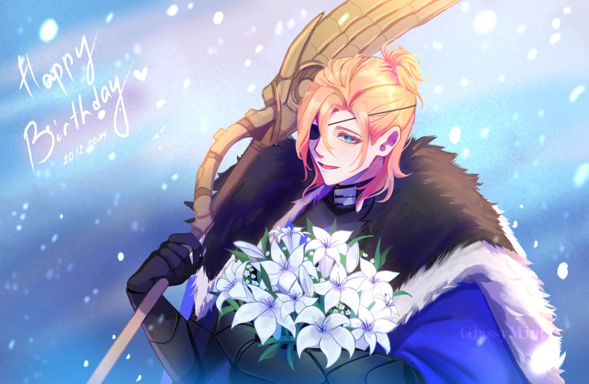 Safebooru - 1boy 2024 areadbhar (fire emblem) armor black fur blue cape blue eyes bouquet ...