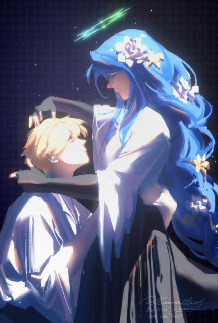 Safebooru - 1boy 1girl angel wings black dress black gloves blonde hair blue eyes blue hair ...