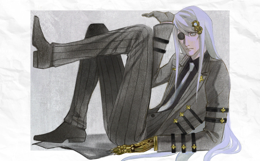 Safebooru - 1boy ace attorney arm strap arm up bear hair ornament black coat black footwear ...