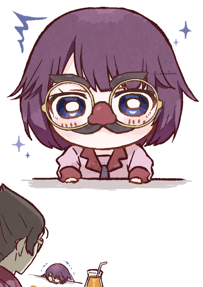 Safebooru - 1boy 1girl absurdres black hair blue eyes bright pupils chibi commentary drinking ...