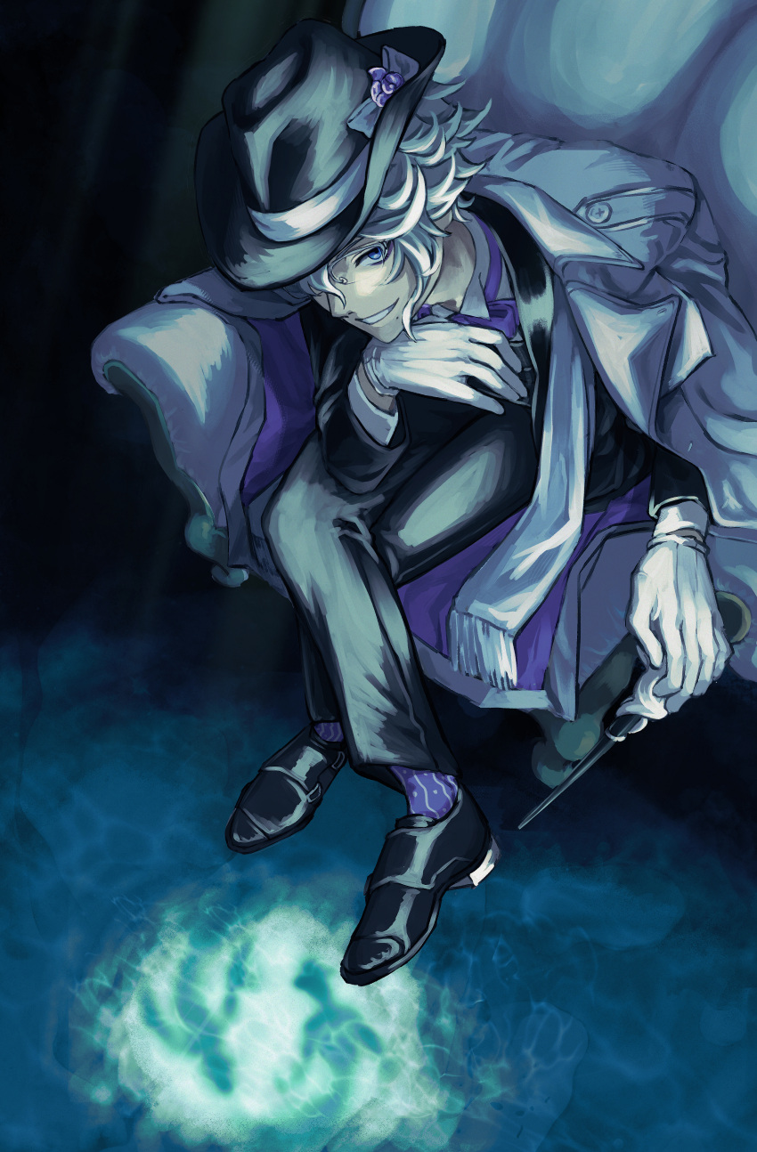 Safebooru - 1boy absurdres armchair azul ashengrotto black suit blue eyes cane chair crossed ...