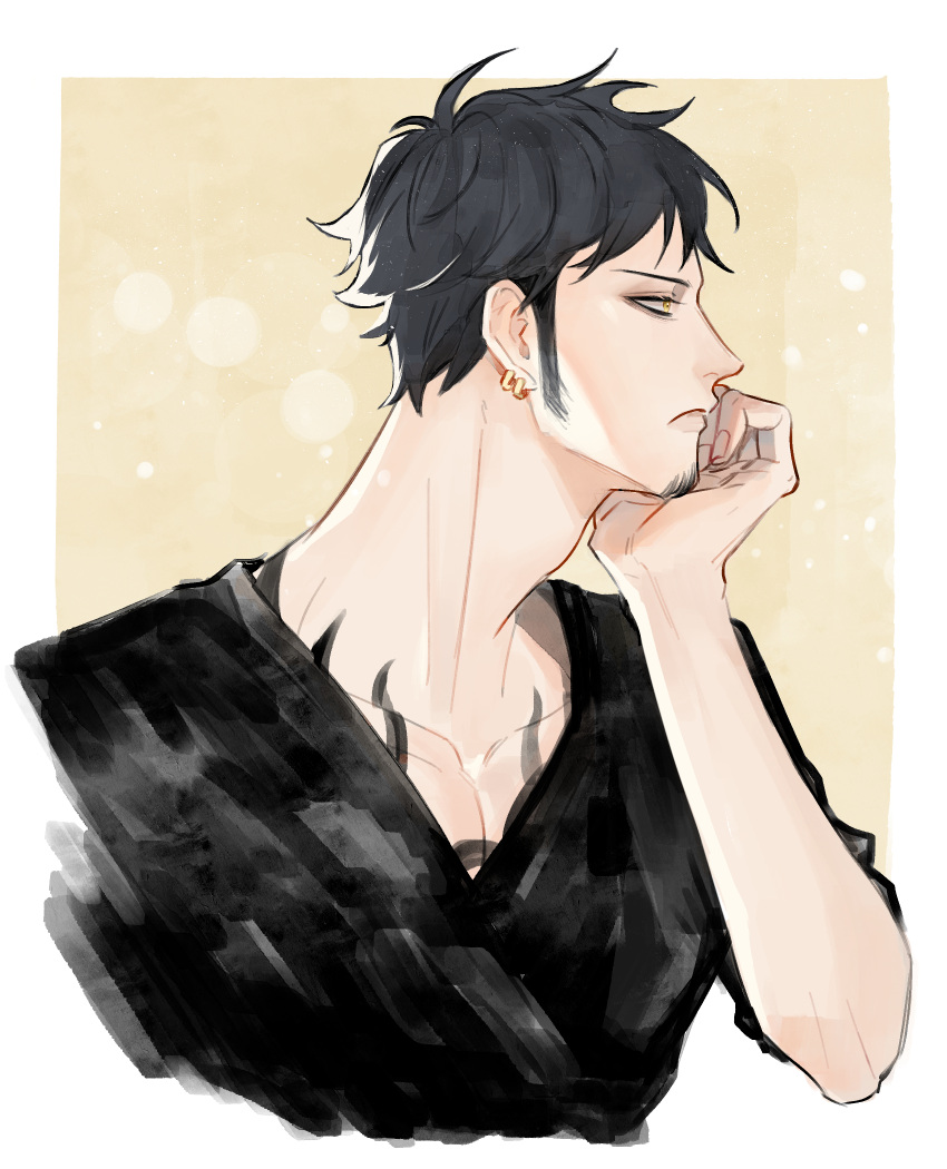 Safebooru - 1boy adam's apple bags under eyes black hair black shirt border brown background ...