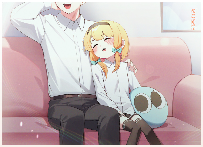 Safebooru - 1boy 1girl absurdres black hairband black pants black skirt black thighhighs blonde ...