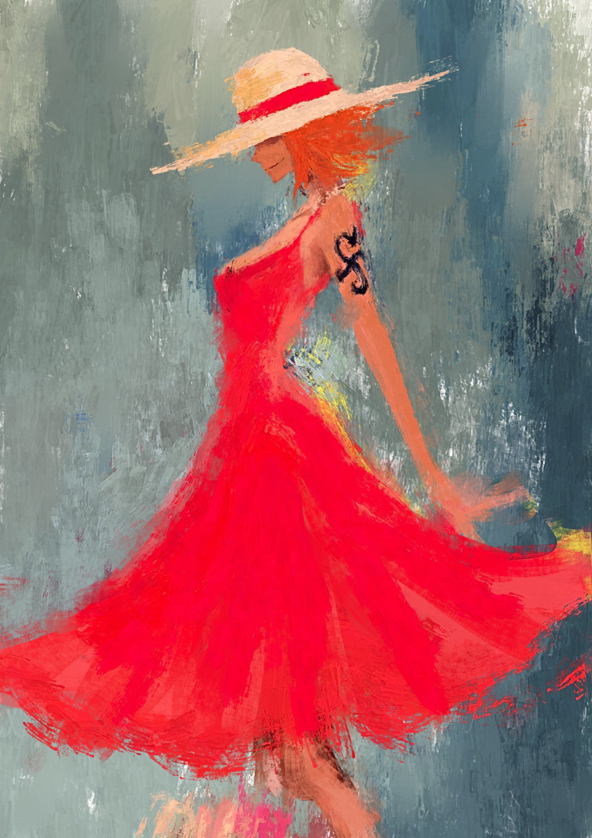 Safebooru - 1girl arm tattoo breasts cowboy shot dress from side ...