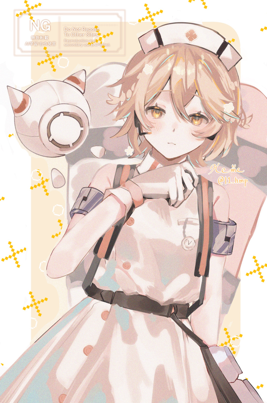 Safebooru - 1girl absurdres blonde hair border closed mouth collared dress dress expressionless ...