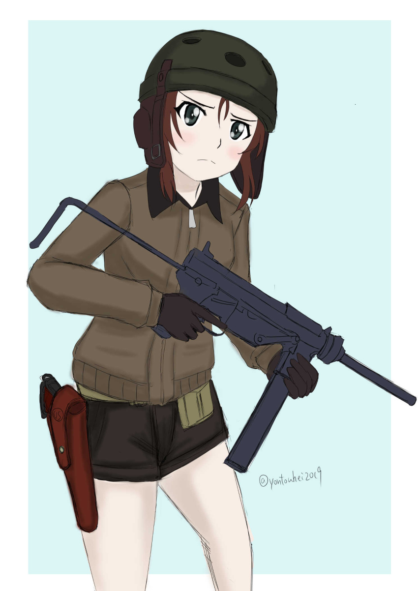 Safebooru - 1girl bare legs black eyes blush brown hair brown shorts frown girls und panzer grey ...