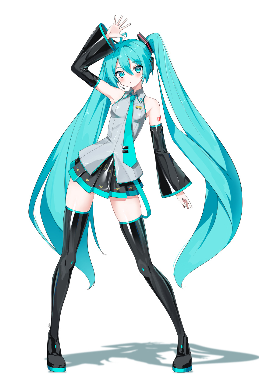 Safebooru - 1girl absurdres ahoge aqua eyes aqua hair aqua necktie arm up armpits bare shoulders ...