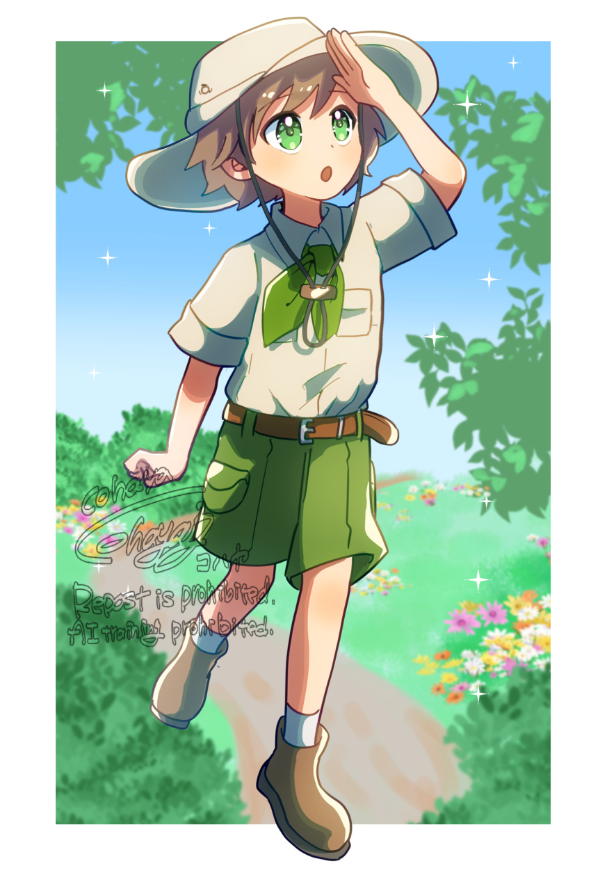 Safebooru - 1boy :o arm up belt border breast pocket brown belt brown footwear brown hair ...